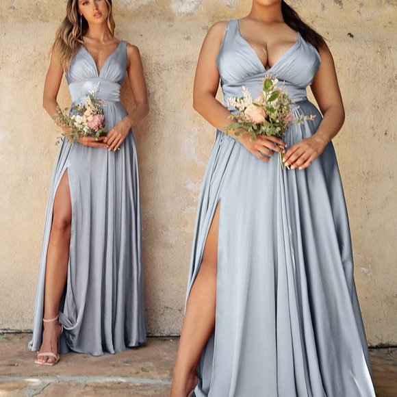 Cinderella | Dresses | Paris Blue Color Vneck Satin Aline Shape Prom ...
